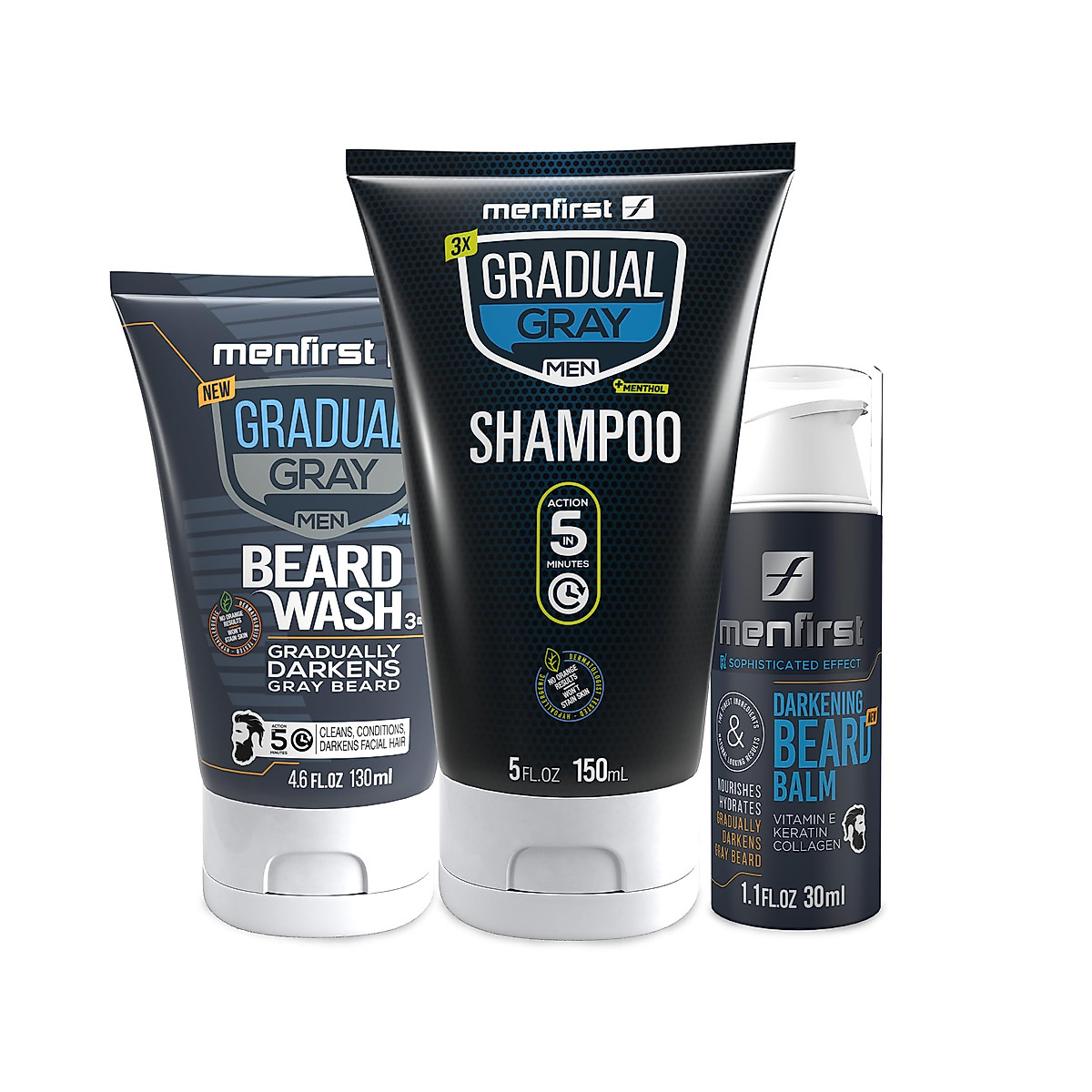 Menfirst Gradual Gray - Good Bye Gray Hair- 3-in-1 Shampoo, Beard Wash and Beard Balm - 3 Pack Bundle