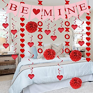 21Pcs Valentines Day Decorations Set Pre-Assembled Hanging Heart Swirls BE Mine Love Heart XO Garlands Banner for Home Classroom Office Wedding Party