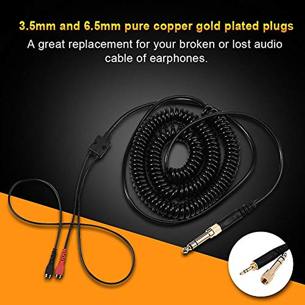 Coiled Headphone Cable with 3.5MM and 6.5MM Plug, Replacement Coiled Spring Stereo Audio Cable for HD25/560/540/480/430/250 Headphones