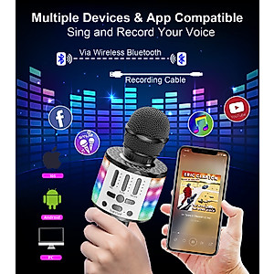 Karaoke Microphone for Kids Adults, Wireless 4 in 1 Handheld Bluetooth Microphone with LED Lights, Portable Smartphone Speaker Boys Girls Singing Toys for Home KTV Outdoor Christmas Birthday Party