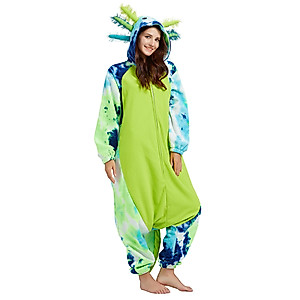 DELEY Unisex Tie Dye Green Axolotl Onesie Adult Halloween Pajamas Cosplay Animal Costume Plush Homewear Sleepwear Jumpsuit
