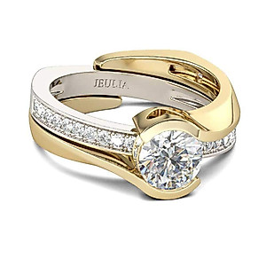 Jeulia 2.5 Carat Asymmetric Rings Women Round Cut Diamond Ring Set 14k Gold Plated Cubic Zirconia Engagement Rings Anniversary Promise Romantic Jewelry Gift (6)