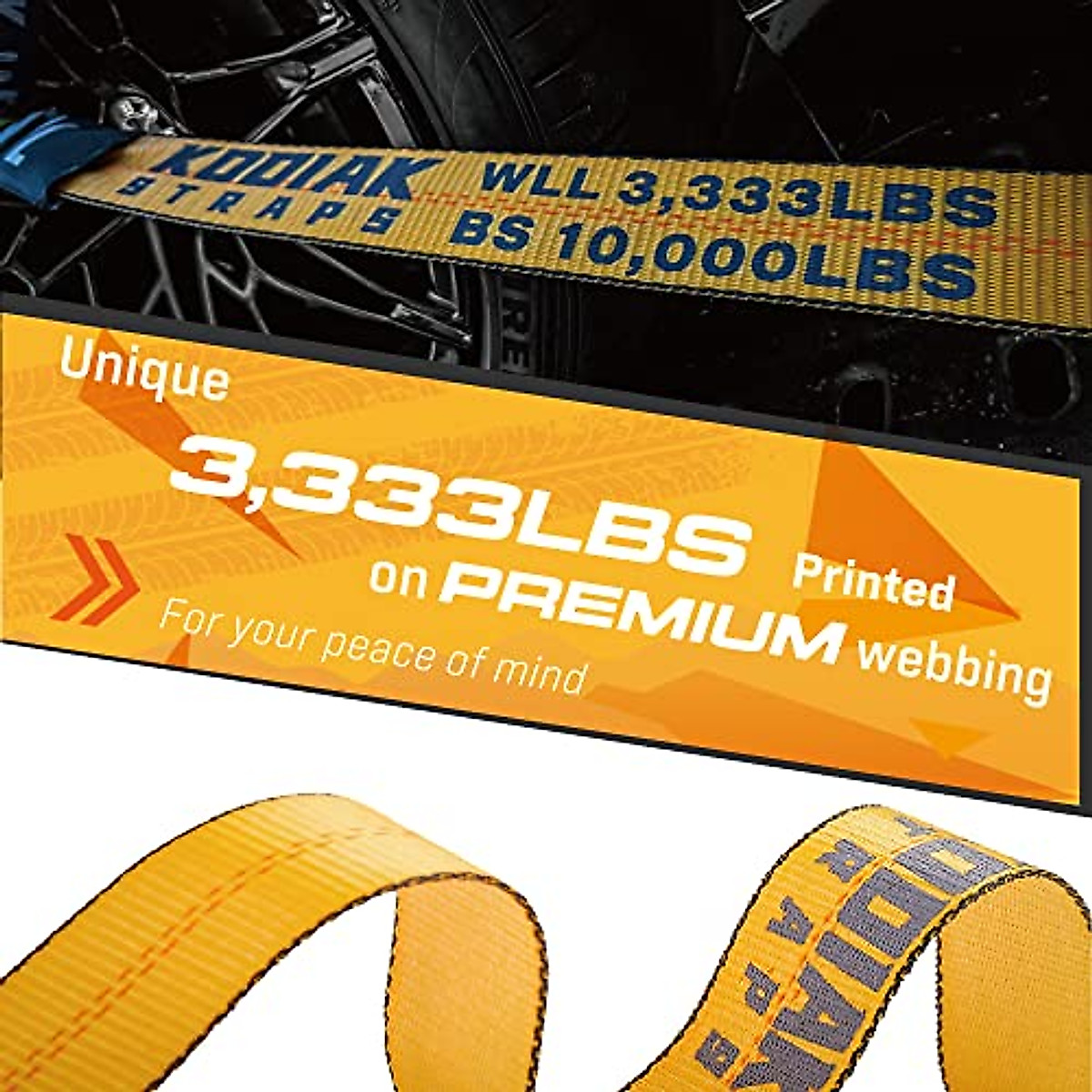 4 Pack Axle Tie Down Strap Combo with Snap Hook Ratchet-2 Inch x 114 Inch -Include 36” Axle Straps for Trucks- Heavy Duty 3333lbs Working Load KODIAK STRAPS