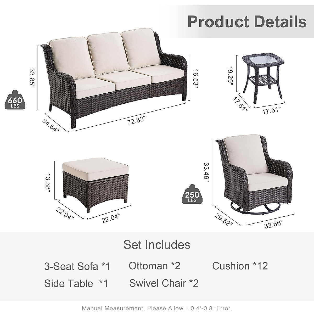 XIZZI Patio Furniture Set with Swivel Rocking Chairs,6 Pieces All Weather Wicker Outdoor Furniture with Sofa,High Back Patio Conversation Set for Balcony,Deck,and Backyard,Brown Rattan Beige