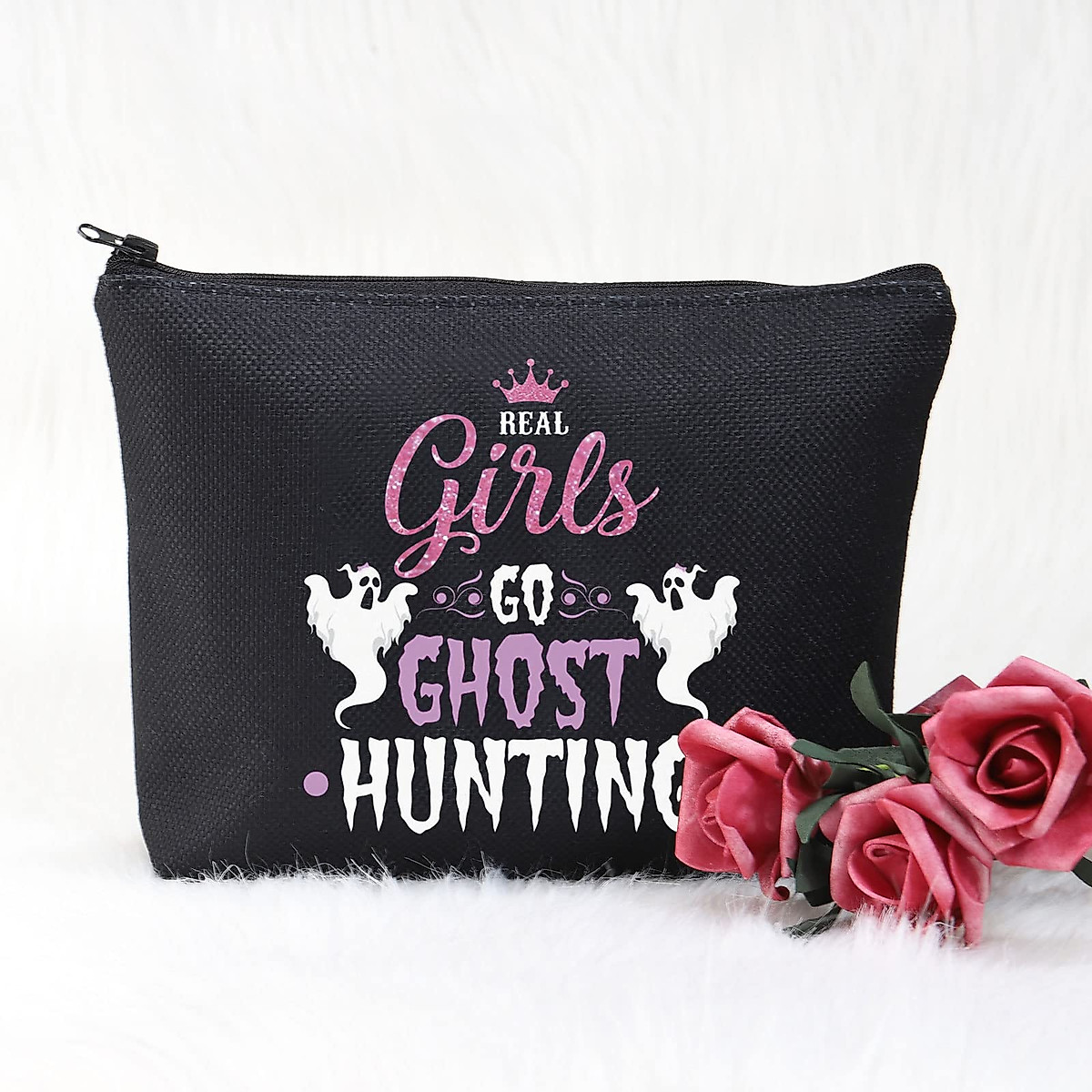 POFULL Ghost Hunter Gift Spooky Gift Real Girls Go Ghost Hunting Cosmetic Bag Paranormal Investigator Gift (Real Girls Go bag)