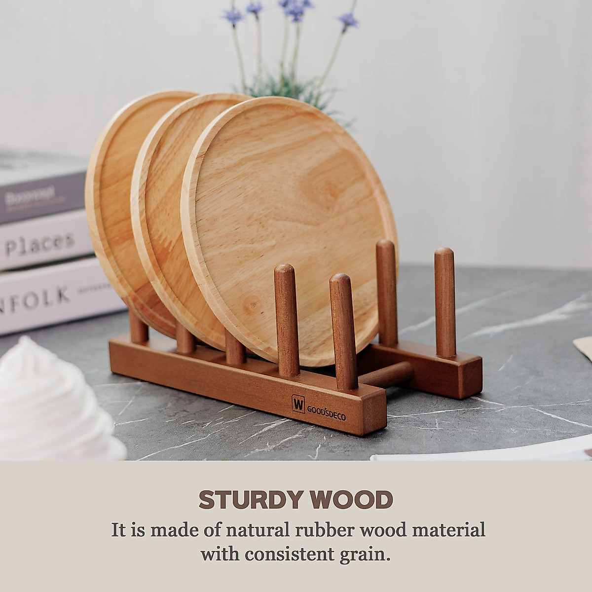 GOODSDECO Wooden Dish Rack - Chopping Board Stand, Dish Drying Rack for Dish Cup Bowl Cutting Board, Drying Rack Stand Storage Holder, Kitchen Countertop Organizer (S, Walnut)