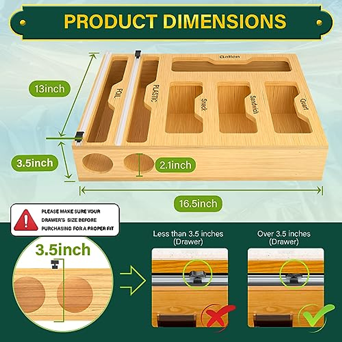 KOCWELL Ziplock Bag Organizer and Plastic Wrap Dispenser with Cutter, 6 In 1 Bamboo Foil and Plastic Wrap Organizer for Kitchen Drawer, Food Storage Bag Organizer for Gallon,Quart,Sandwich,Snack