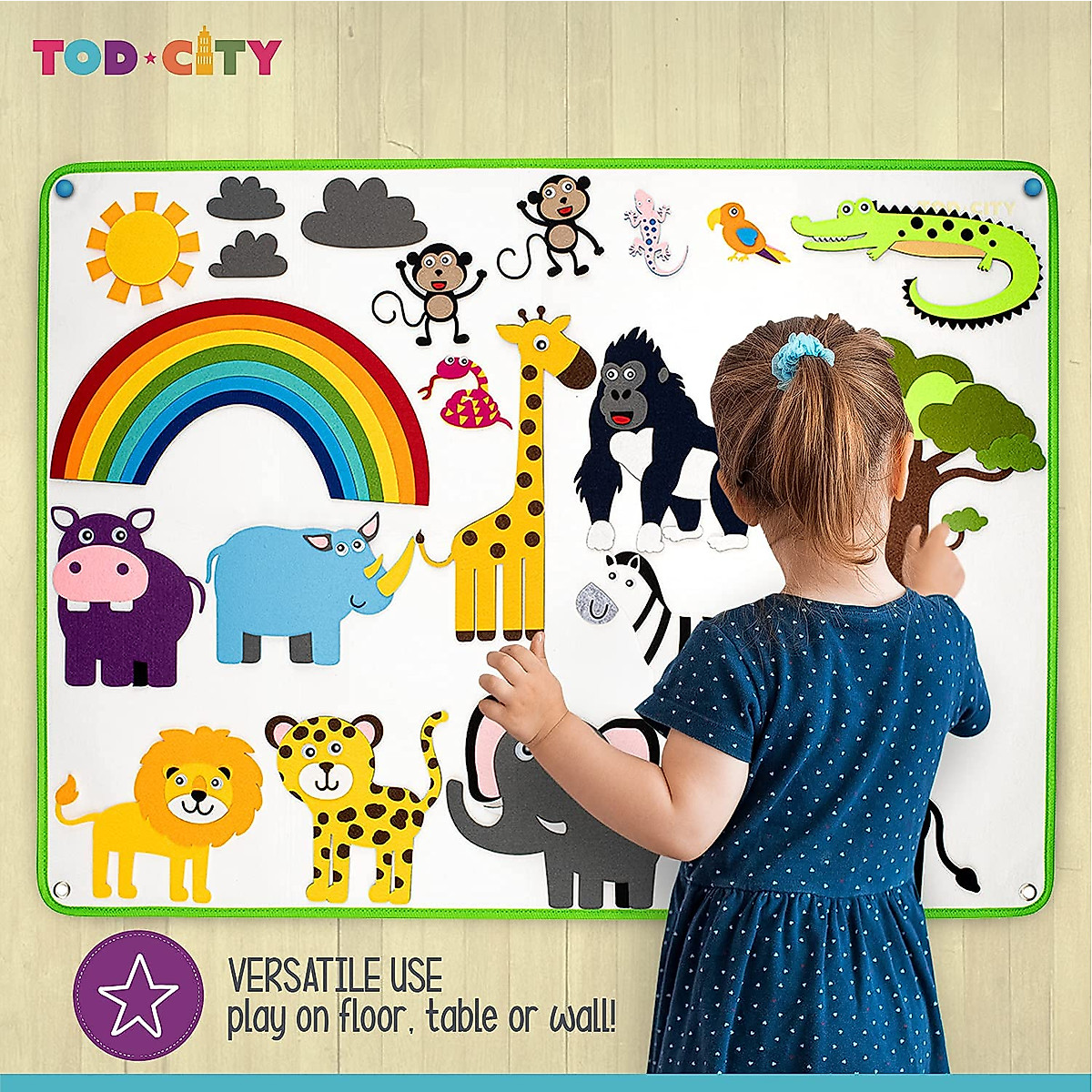 Tod City Flannel Felt Story Board Set: in The Jungle - Large Wall Hang 25 Pre-Cut Piece Interactive Learning Toy for Preschool, Kindergarten, 3+ Year Old Children