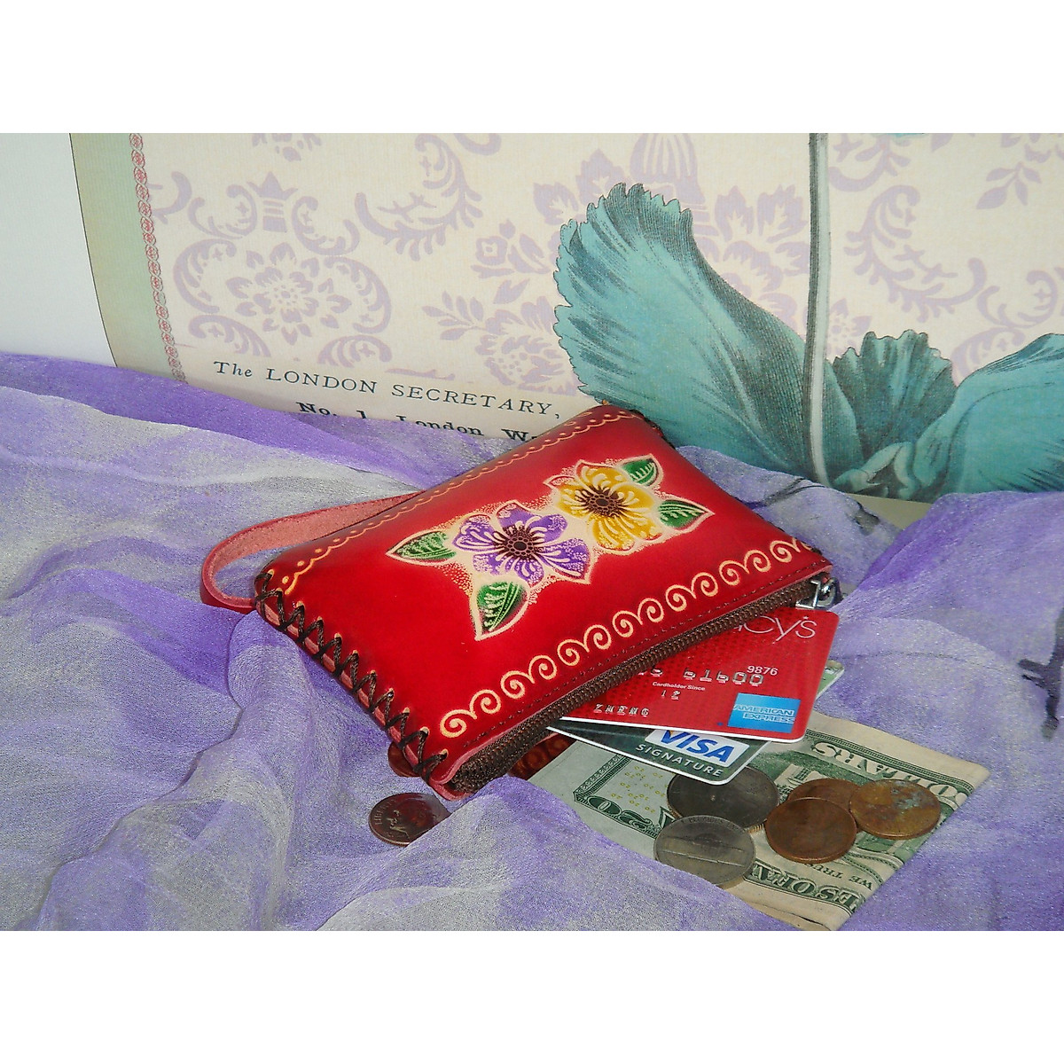 Leather Change Purse,rectangle shape,Hawaii Flower and butterfly Embossed, Handmade wallet,Wristlet and Zipper