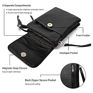 WITERY Leather Crossbody Cell Phone Purse for Women- Black Lightweight Small Cross Body Cell Phone Wallet Pouch Shoulder Bag with Shoulder Strap