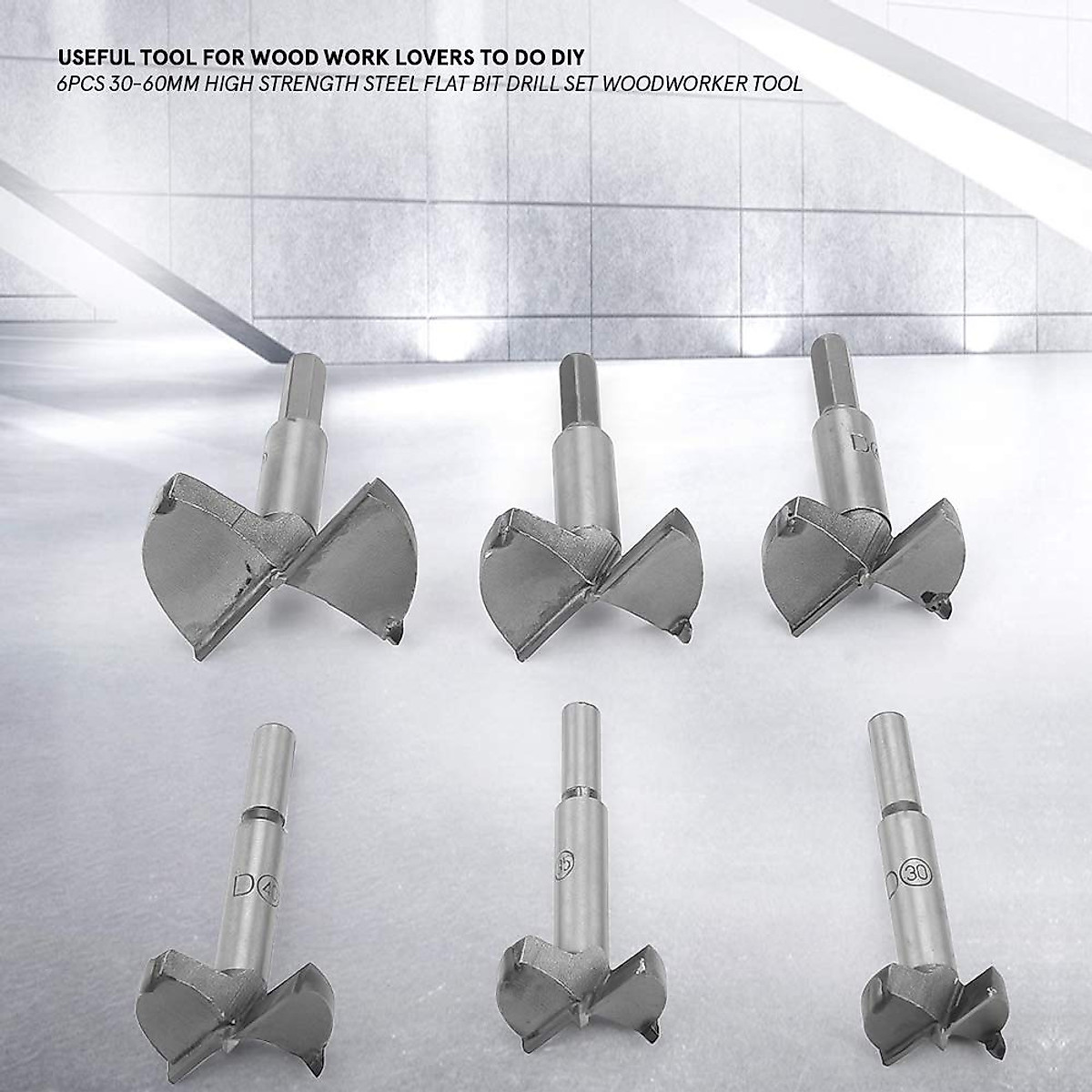 Hilitand Forstner Drill Bits Set, 6pcs 30/35/40/45/50/60mm High Strength Steel Flat Bits Drill Set Woodworking Hole Saw Wood Cutter Tool