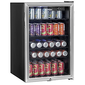 Haier 150-Can Mini Fridge With Lock & Key, Glass Door, Automatic LED Interior Light, 4 Full-Width Glass Shelves & Adjustable Thermostat, Stainless Steel