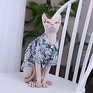 Hairless Cat T-Shirt Breathable Summer Cotton Hawaiian Shirts Short Sleeve Button Closure Turn Down Collar Leaf Print Cat Clothes Vest Apparel for Sphynx, Cornish Rex, Devon Rex, Peterbald (XXL-)
