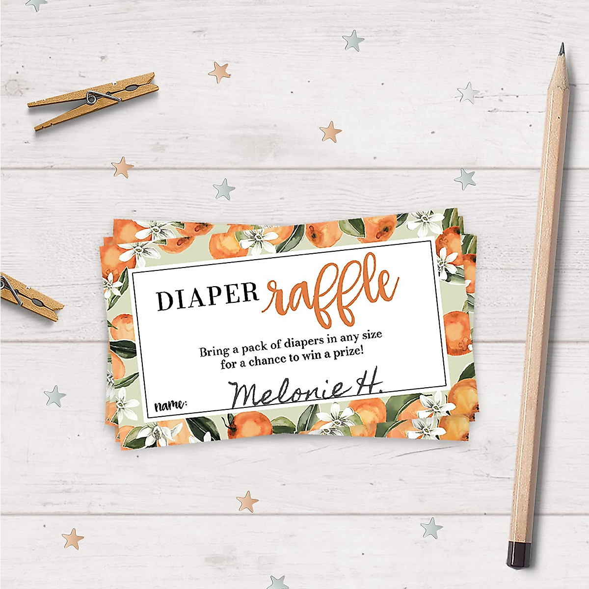 Canopy Street Little Cutie Diaper Raffle Tickets for Baby Shower/Clementine Sprinkle Or Gender Reveal Party Game / 50 Adorable Fruit 3.5” x 2” Diaper Drawing Cards