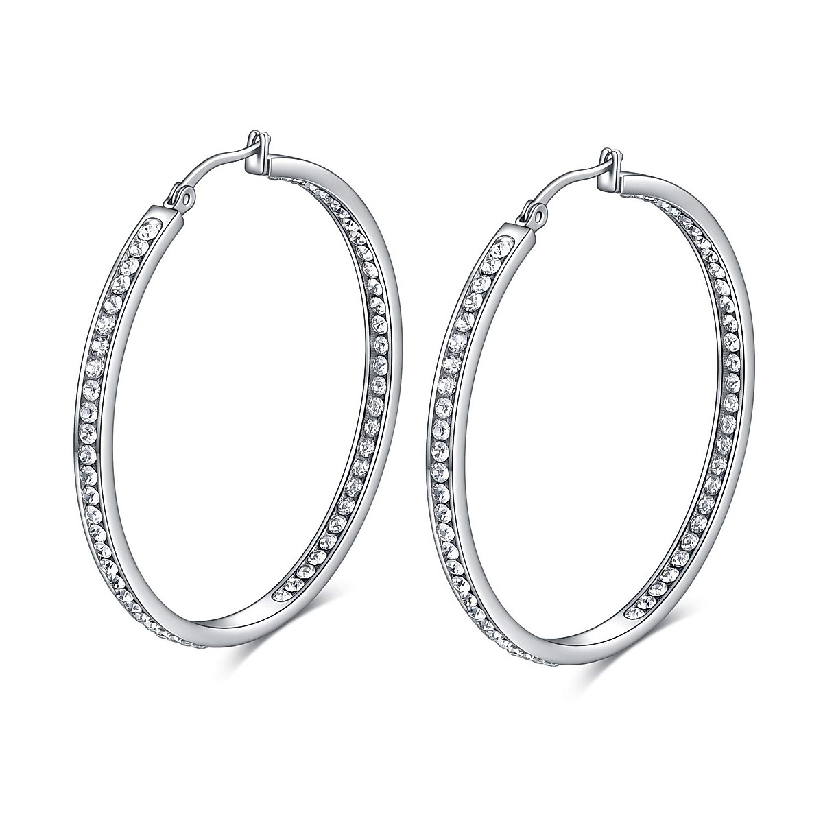 Rnivida Stainless Steel Hoop Earrings Silver Tone Inside-Out Crystal Cz Rhinestone Hoop Earrings for Women 30mm