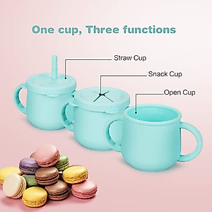 Baby Straw Cup Silicone Toddler Sippy Cup with Straw & Snack Lid, Sprill Proof Training Cup for Infant 6+ Months, Kid Snack Cup Drinking Open Cup 8 OZ (Sea Grey)