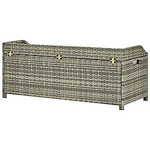 Garden Bench Patio Dustproof Storage Box, Weather Resistant Poly Rattan Solid Acacia Wood Slats Outdoor Storage Trunk Chest for Pool Toys, Blankets and Gardening Tools, 47.2" x 19.6" x 19.6" (Grey)