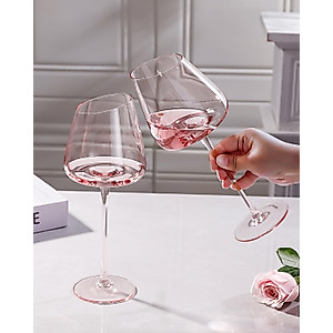 OUHT Blush Pink Wine Glasses (Set of 6) | 18oz Handcrafted - Long stemmed Crystal Wine Glasses For Red Wine | slanted rim design | Elegant Gift Box (Blush Pink)