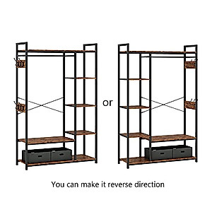 Free Standing Closet Organizer with Storage Box & Side Hook, Portable Garment Rack with 6 Heavy Duty Shelves and Hanging Rod, Black Metal Frame Hanging Closet Shelves - Rustic Brown
