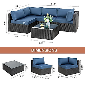 Walsunny 5 Pieces Outdoor Patio Furniture Set, All-Weather Rattan Patio Sectional Sofa Wicker Conversation Set with Glass Table and Cushions(Aegean Blue)