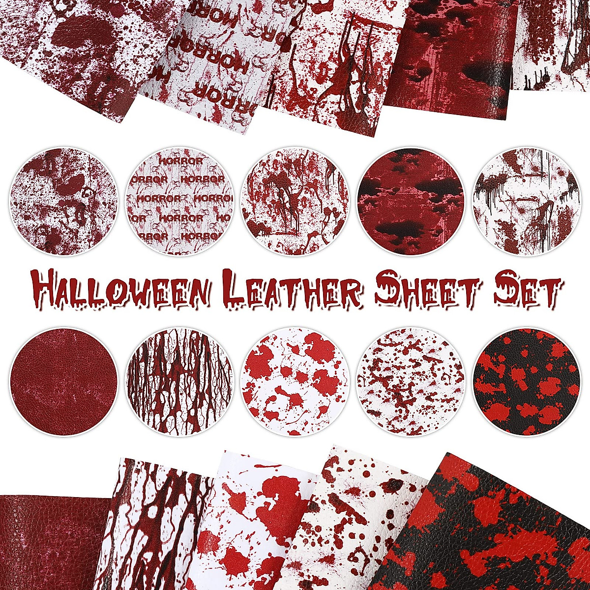 AnyDesign 10Pcs Halloween Theme Faux Leather Sheets Spooky Bloody Printed Synthetic Leathers Red White Black Scary Bloodstain Fabric Leathers for Halloween DIY Craft Earring Hair Bow Making, 8 x 12"