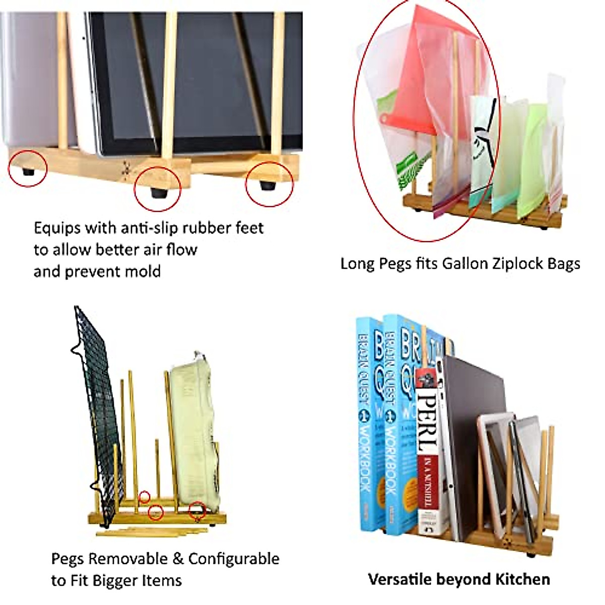 altCooking Hub Bamboo Plastic Bag Drying Rack & Bamboo Bottle Brush - Multipurpose Dish Drying Rack for Silicone Reusable Bags, Baby Bottles, Water Bottles, Plates, Wine Glasses