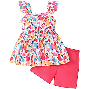 Popshion Girls Valentine's Day Outfit Toddler Girls Summer Clothes 2 Piece Set Heart Ruffle Sleeveless Shirt and Red Short Clothing Set Size 3t/6653