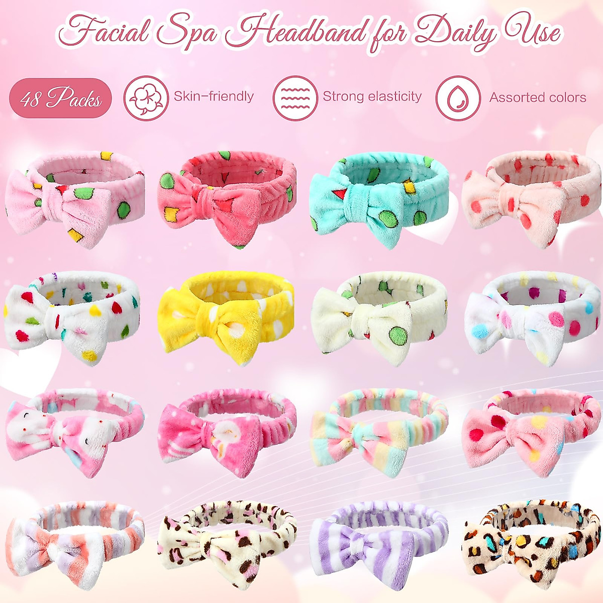 Giegxin 48 Pieces Spa Headband Bulk Bow Hair Band Facial Makeup Headbands Fluffy Plush Headband for Women Washing Face Spa Shower Cleansing (Novel Pattern)