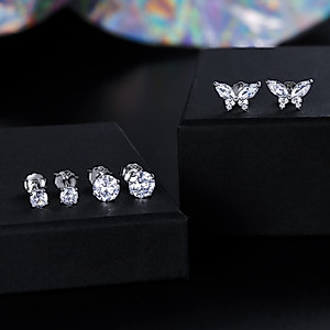 TIKJE 925 Sterling Silver 3 Pairs Stud Earrings Sets 14K White Gold Plated Butterfly Round 4mm 6mm Earrings Stud for Women (Nickel Free)