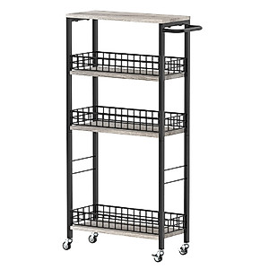 4 Tier Slim Storage Cart Narrow Laundry Cart on Wheels Utility Kitchen Rolling Cart with Wood Tabletop Mobile Shelving Unit Bathroom Storage Organizer Slide Out Rolling Tower for Narrow Spaces