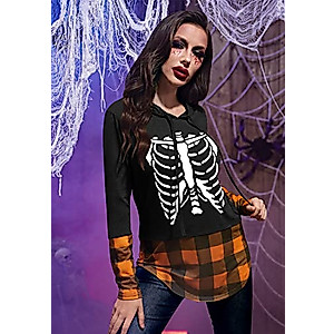 For G and PL Womens Halloween Long Plaid Sleeve Tops Shirts Skeleton Skull Hoodie Sweatshirt Black M