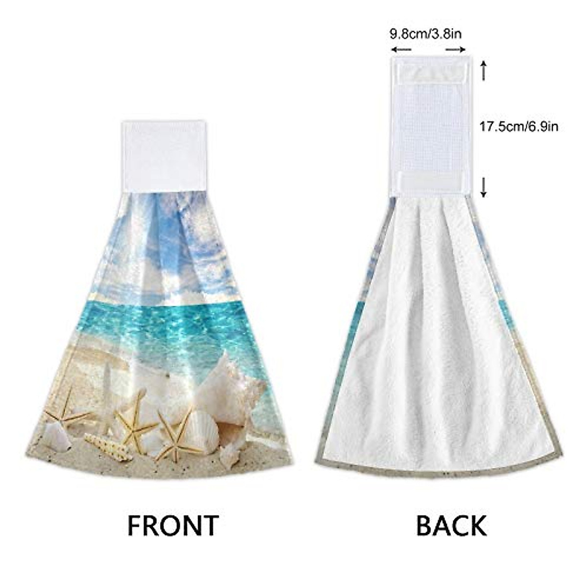 KOCOART Seashells Coastal Kitchen Hand Towels with Loop Starfish Tropical Beach Shore Hanging Tie Towel Set of 2, Soft Absorbent Washcloth Dish Fingertip Towel for Bathroom 12x17 in