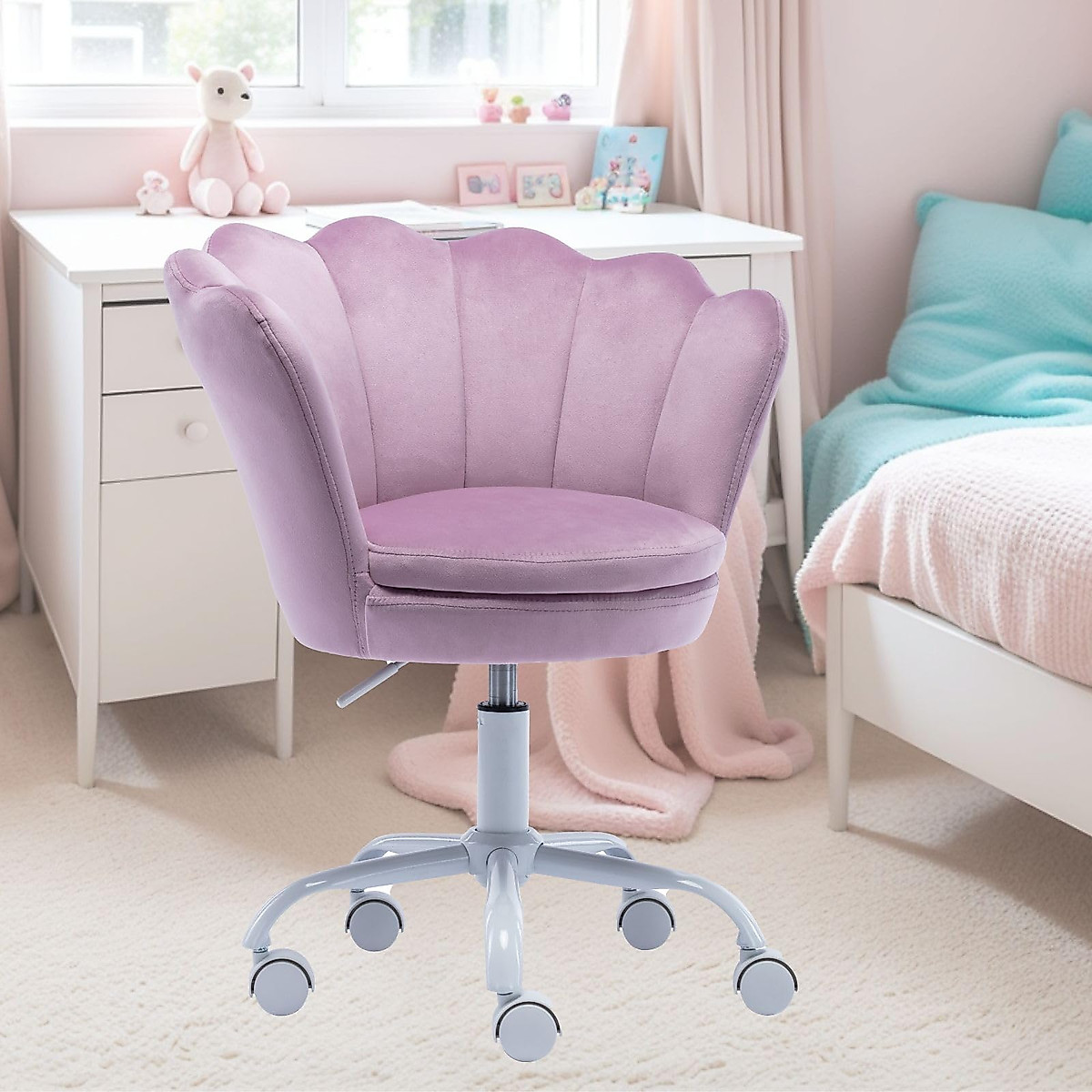 DAYALANE Kids Desk Chair with Wheels, Cute Petal Study Chair Computer Chair with Arms, Upholstered Task Chair Velvet Chair for Teen Girls, Swivel Kids Chair Rolling Chair for Bedroom, Vanity, Purple