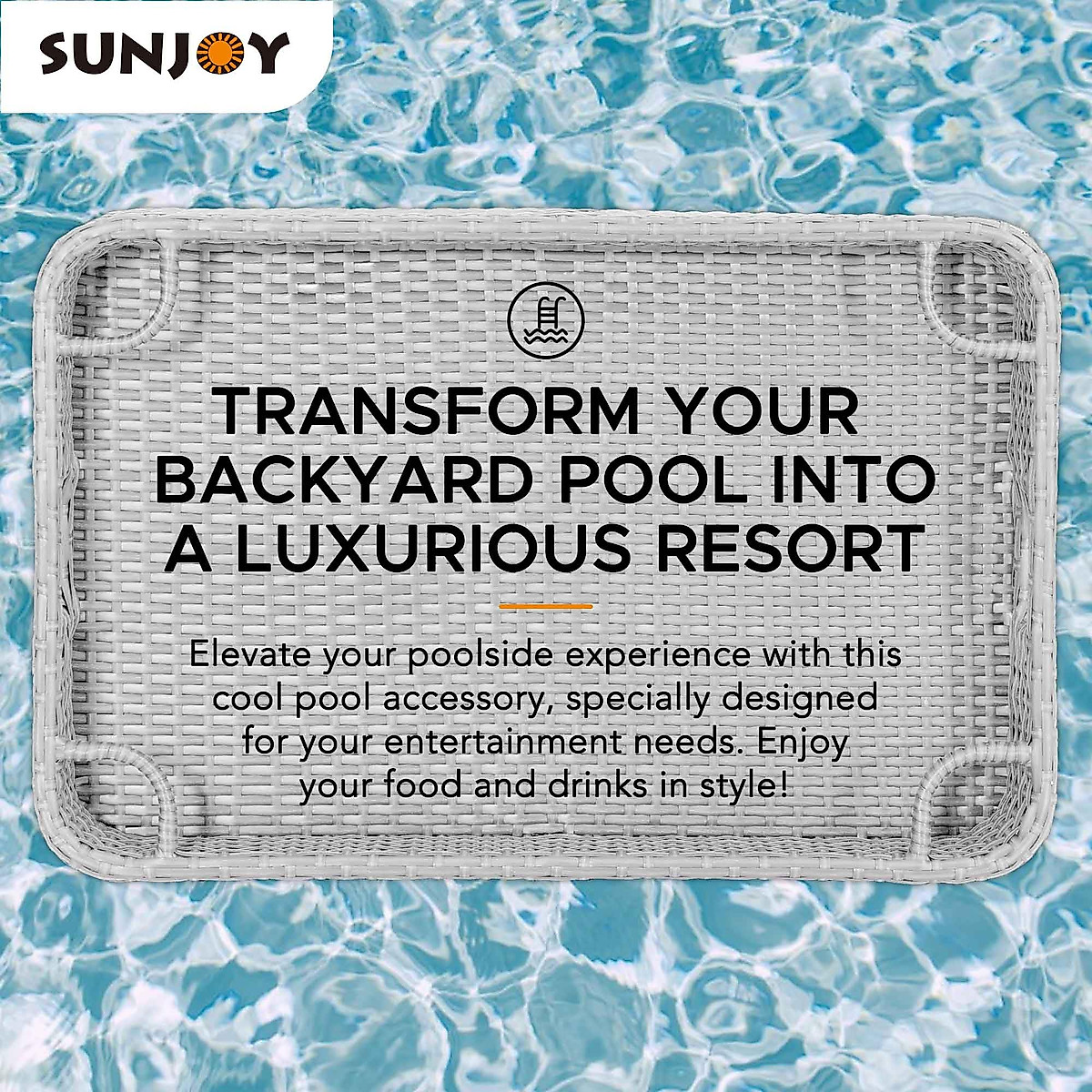 Sunjoy Wicker Floating Tray 36x24 in. Aluminum Frame Pool Tray - Swimming Floating Serving Tray for Drinks, Snacks, and Essentials - Fits Most Pool Sizes - Perfect for Pool Parties and Relaxing, Grey