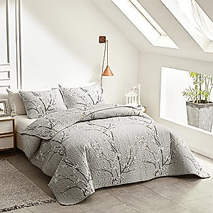 3 Pieces Quilt Set Queen Full Size 88x88 Gray Branch Floral Style Soft Reversible Microfiber Lightweight Coverlet Bedspread Summer Bedding Set Bed Cover for All Season (1 Quilt+ 2 Shams)