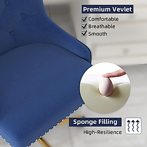 Westice Home Office Desk Chairs, Upholstered Velvet Swivel Desk Chair with Tufted Back, Gold Metal Base & Wheels, Height Adjustable Vanity Makeup Chair for Bedroom Living Room, Blue