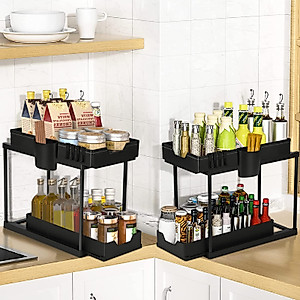 ENOMY 2 Pack Double Sliding Under Sink Organizers and Storage, 2 Tier Under Cabinet Organizer with Hooks & Hanging Cups Multi-Purpose Under Sink Shelf Organizer for Bathroom Kitchen, Black