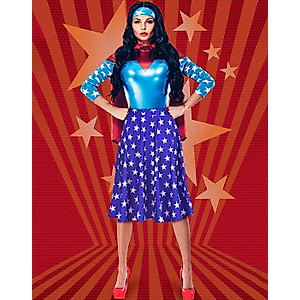 HDE Skirts for Women - Midi Skirt Skater Skirt Knee Length High Waist Fun Prints Blue & White Stars - XL