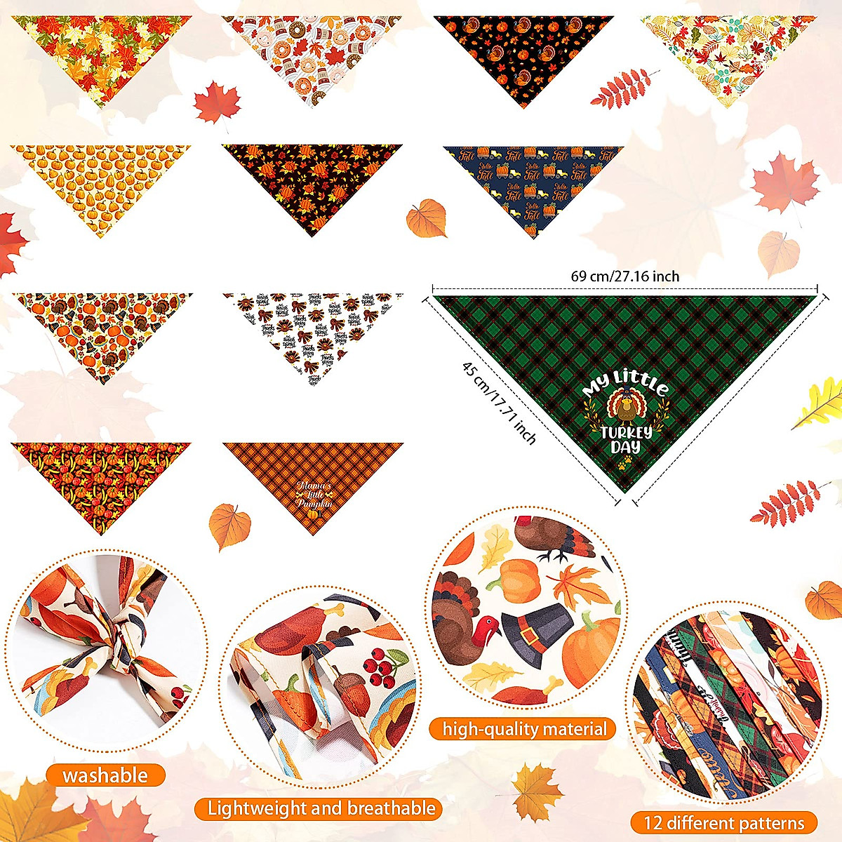 12 Pieces Thanksgiving Pet Bandana Fall Dog Bandanas Dog Fall Clothes Accessories Maple Leaf Pumpkin Patterned Autumn Pet Triangle Scarf Bibs for Large Small Dog Kerchief Cat Pet Fall Outfit Washable