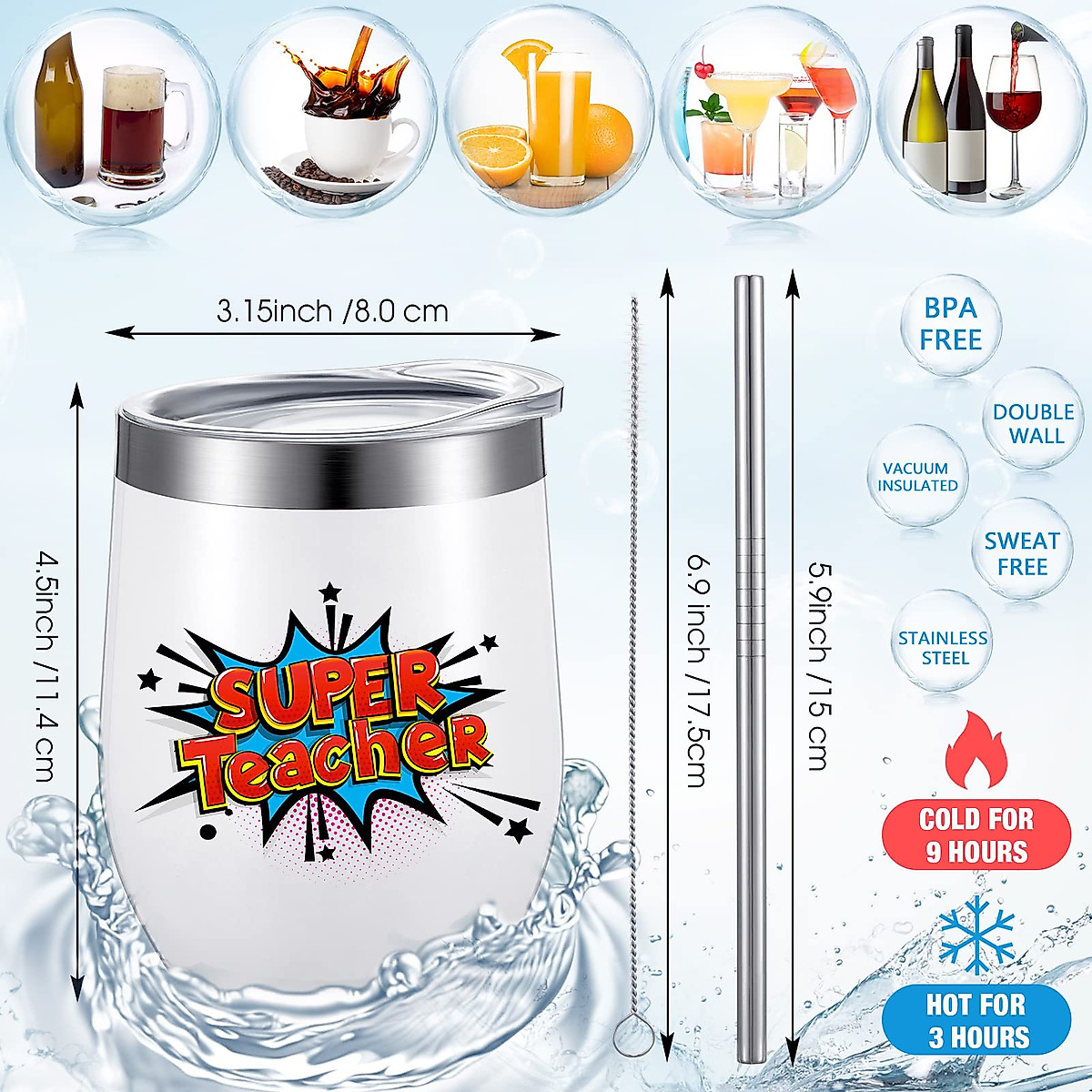 8 Pack Teacher Gifts Teacher Appreciation Gifts 12 oz Teacher Tumbler Bulk Wine Tumbler Stainless Steel Coffee Mug with Lids and Straws Thank You Birthday Gifts for Preschool Kindergarten Teacher