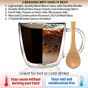 Mainstream Source® Glass Espresso Mugs – Insulated, Double Walled Mug and Espresso Shot Glass with 2 Durable Wooden Spoons, Holds 5.5oz of Espresso (Set of 2)