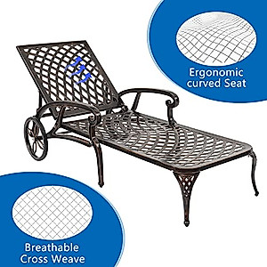 Outvita Lounge Chairs for Outside, Patio Cast Aluminum Recliner with Adjustable Back and Rolling Wheels for Backyard Porch Pool Balcony Deck (Bronze)