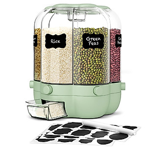 Rice Dispenser 25 Pounds, Kitchen Storage with Chalk Labels and Measuring Cup, Grain Dispenser, 6 Compartment Rice Storage Container, Rotating Food Dispenser for Sunflower Seeds, Popcorn Kernels