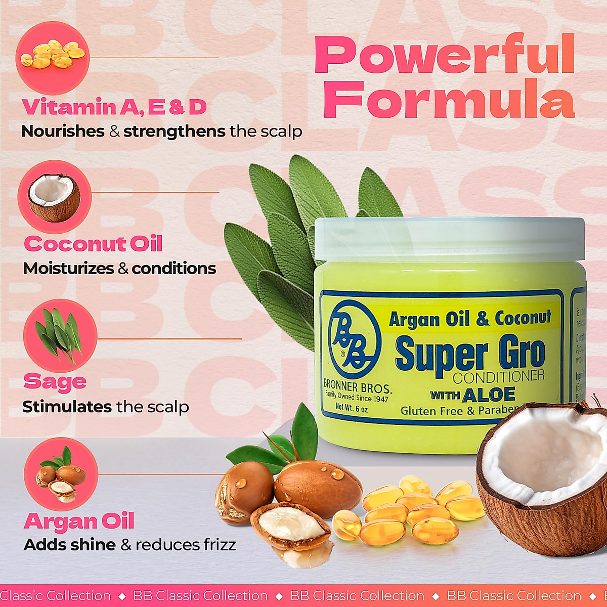 Bronner Bros Argan Oil & Coconut Super Gro - Hair Gel for Dry Itchy Scalp Treatment, Moisturizer, Reduces Dryness & Split-Ends - Made with Vitamin A, E, D, Sage, Argan Oil & Coconut Oil - 6 oz