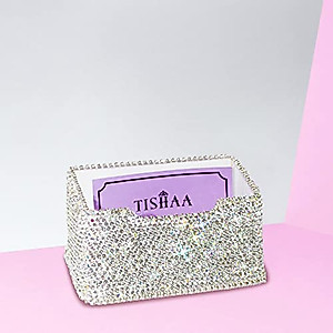 TISHAA Business Card Holder Stand - Bling Name Cards Office Desk Desktop Table Top Organizer Luxury Display Pocket Case Accessories White Crystal Rhinestone Glitter