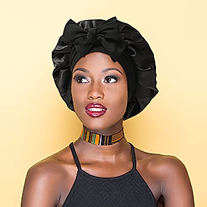 Satin Bonnet for Women Hair Bonnet for Sleeping Large Double Layer Silk Sleep Cap with Wide Elastic Band Hair Cap for Sleeping with 45PCS Waterproof Disposable Shower Caps (Black)
