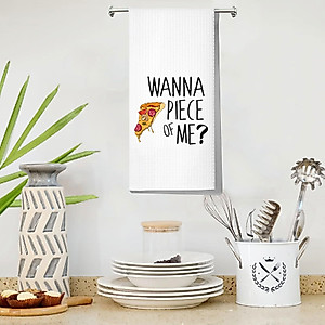 LEVLO Funny Pizza Kitchen Towel Pizza Lover Gift Wanna Piece of Me Tea Towels Housewarming Gift Waffle Weave Kitchen Decor Dish Towels (Wanna Piece Pizza)