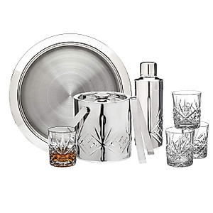 Godinger Bar Set - Cocktail Shaker, Stainless Ice Bucket, 4 Old Fashioned Glasses, Tongs and Tray - Dublin Collection