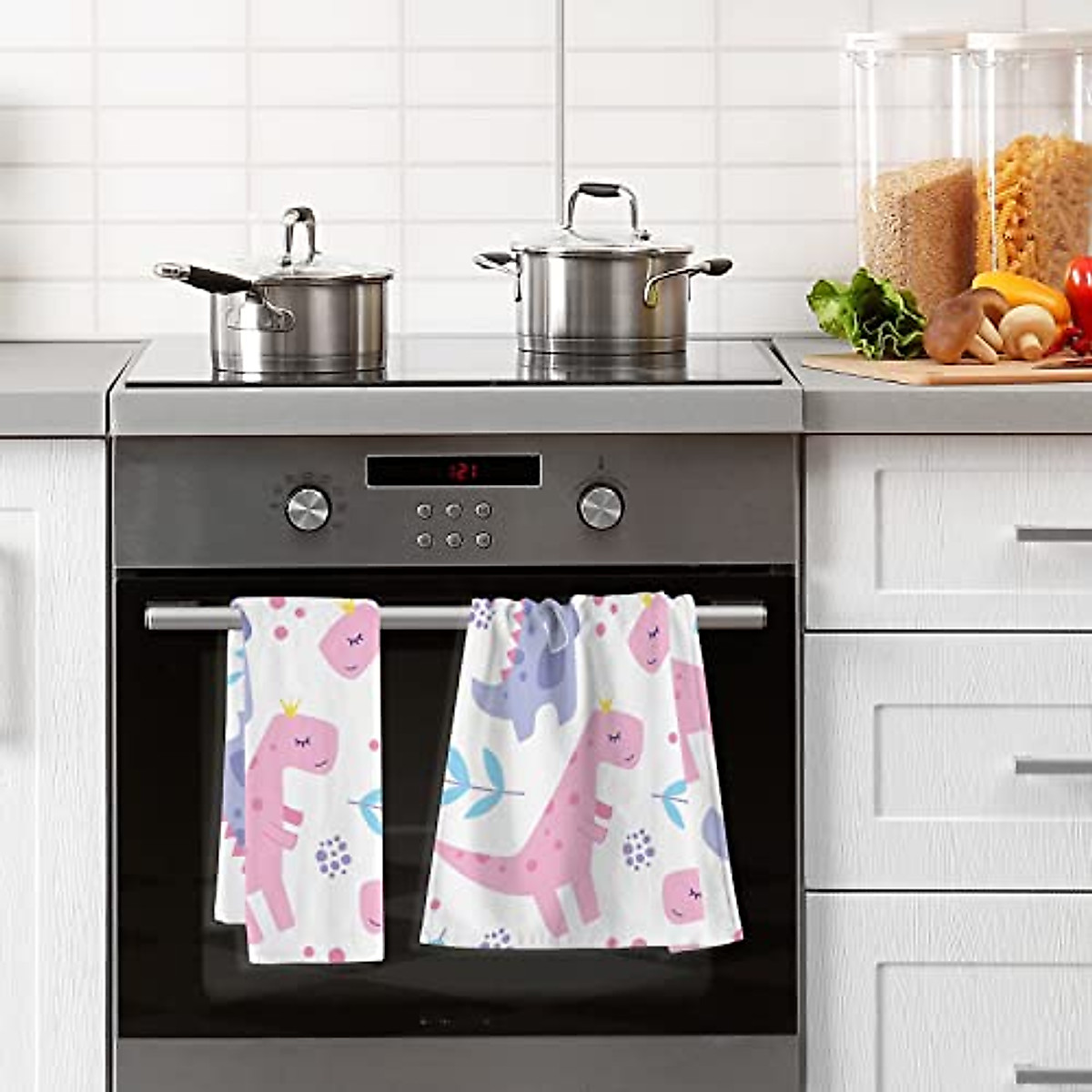 Kigai Pink Dinosaur Cotton Hand Towels for Bathroom, Soft Absorbent Washcloths for Kitchen Hotel Gym Swim Camp Beach Spa, 2 Pack