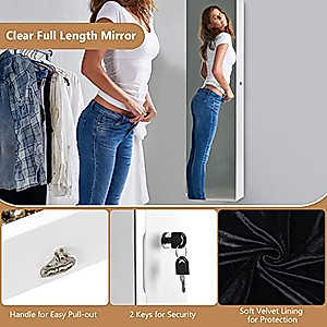 COSTWAY Mirror Jewelry Armoire, Wall Door Mounted Jewelry Organizer w/Full-length Mirror and 2 LED Lights, Lockable Large Capacity Jewelry Cabinet for Earrings, Necklaces, Bracelets (White)